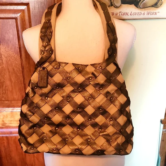 Laura Ashley | Bags | Laura Ashley Purse Cream Canvas Bronze Leather ...